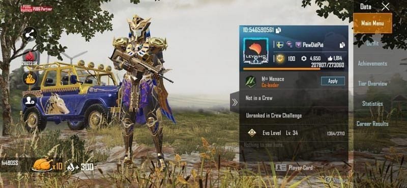 Levinho's PUBG Mobile ID number, stats and KD ratio