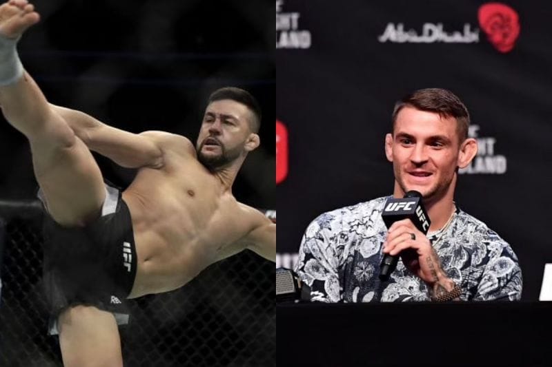 Dustin Poirier reacts as Pedro Munhoz puts on a calf kicking ...