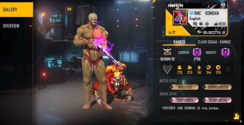 KMC Komban's Free Fire ID, K/D ratio, stats, and more