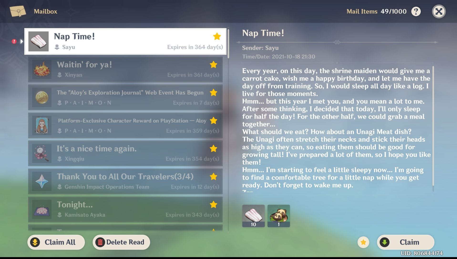 Sayu's birthday in Genshin Impact: Date, rewards, and mail details