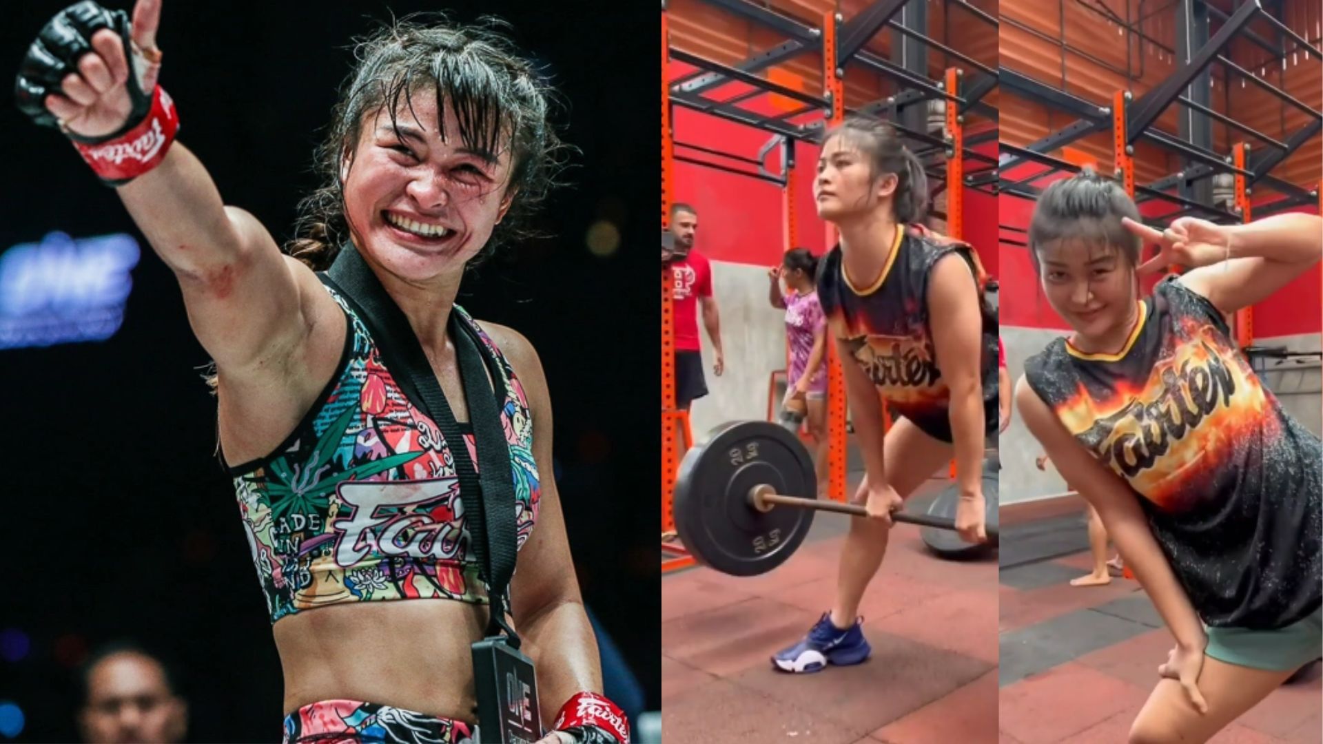 Stamp Fairtex shows off deadlifts and peace sign