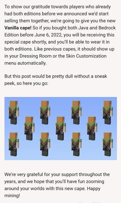 Free Vanilla cape coming for Minecraft Java and Bedrock players