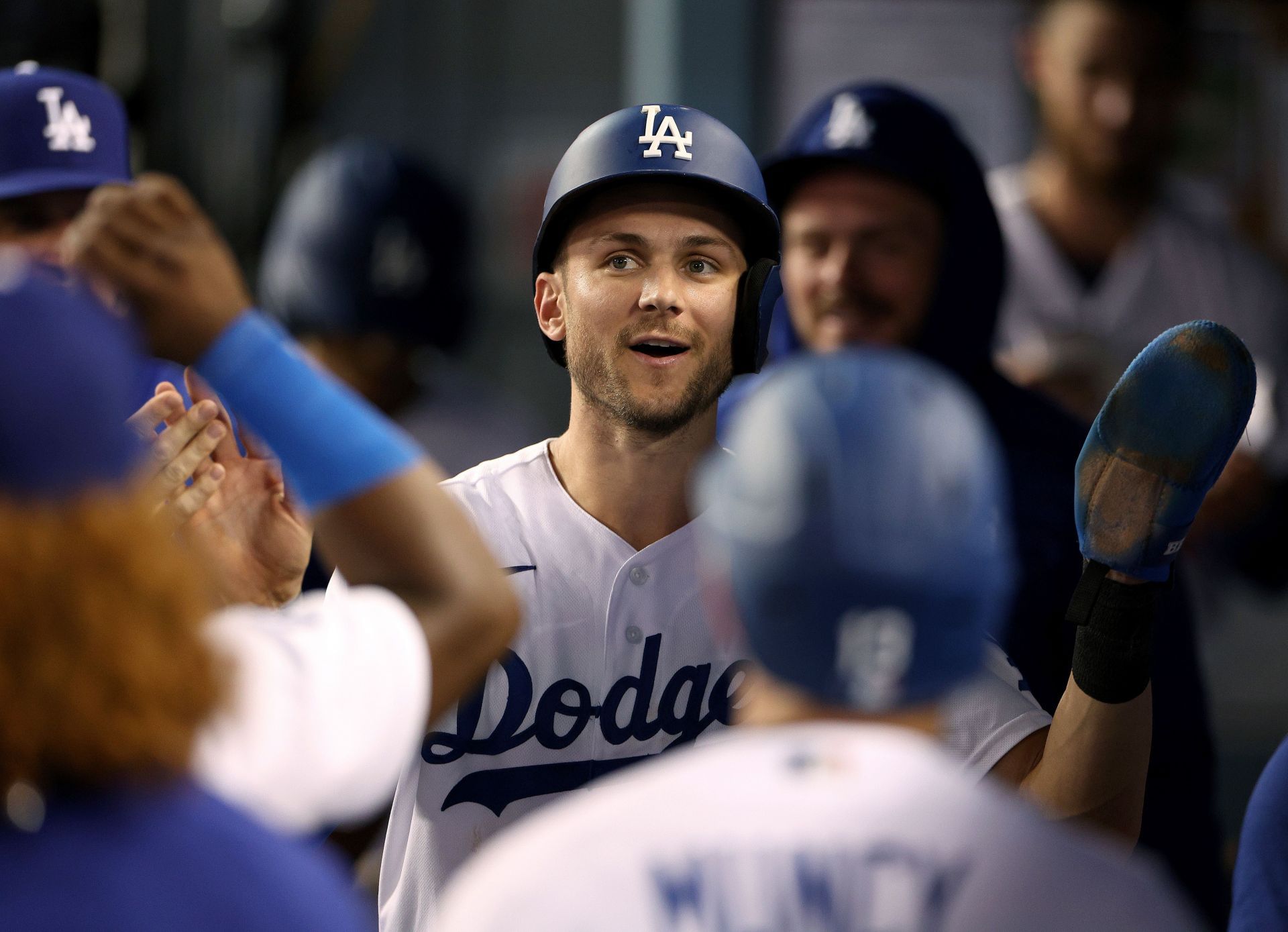 Watch Los Angeles Dodgers Trea Turner Gets Helmet Knocked Off By A Pitch Answers Back With A