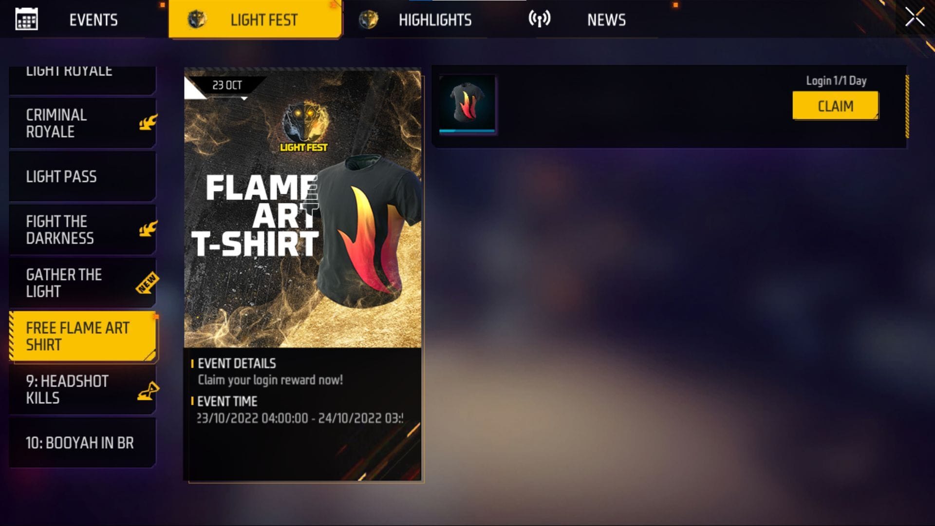 Garena provides a free Flame Art T-Shirt in Free Fire MAX India server