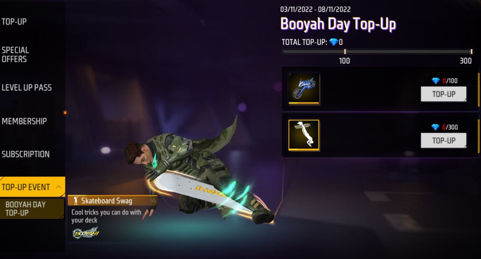 Free Fire MAX Booyah Top-Up event guide to get free Skateboard Swag ...