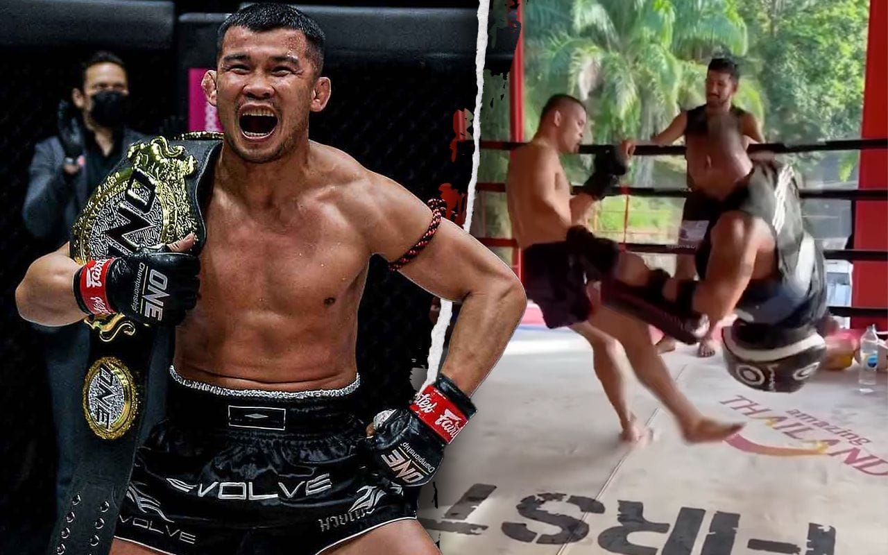 WATCH: Nong-O Gaiyanghadao sweeps Trainer Gae with low kick