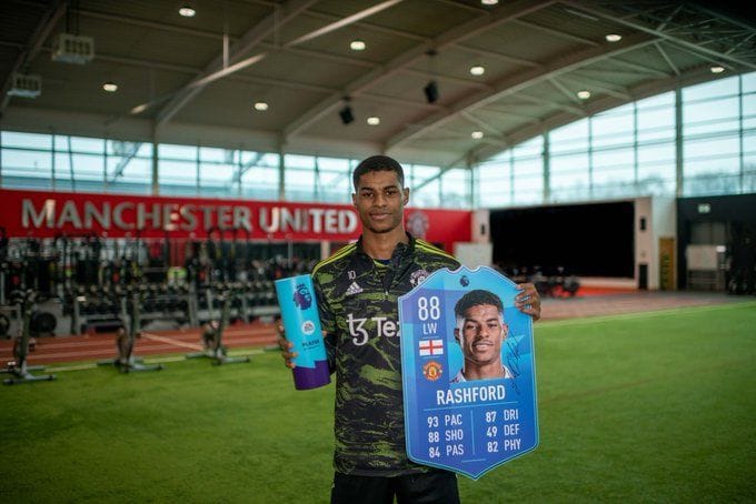 Manchester United star Marcus Rashford reacts after winning the PL ...