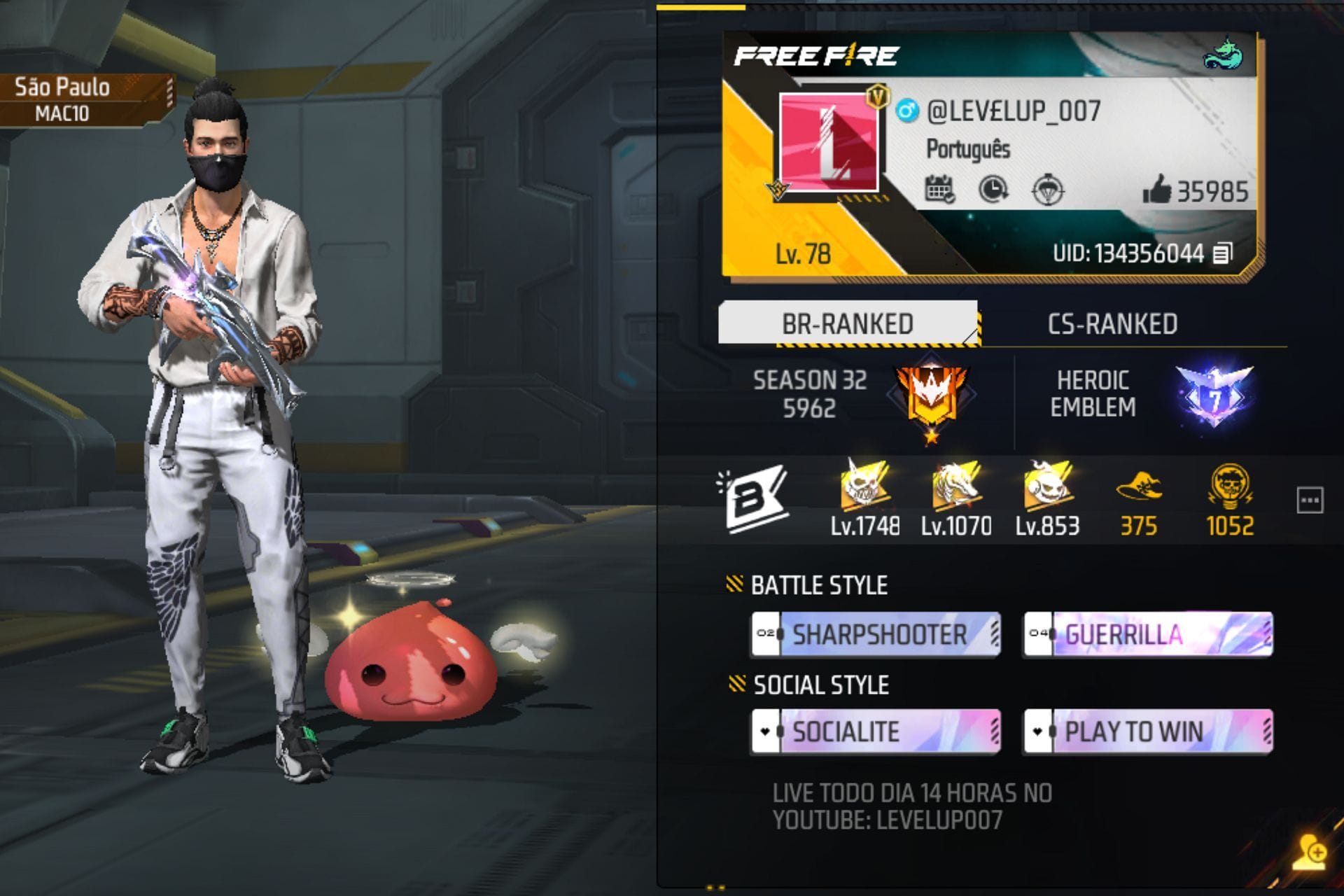 LevelUp 007's Free Fire ID, stats, K/D ratio, monthly income, and more