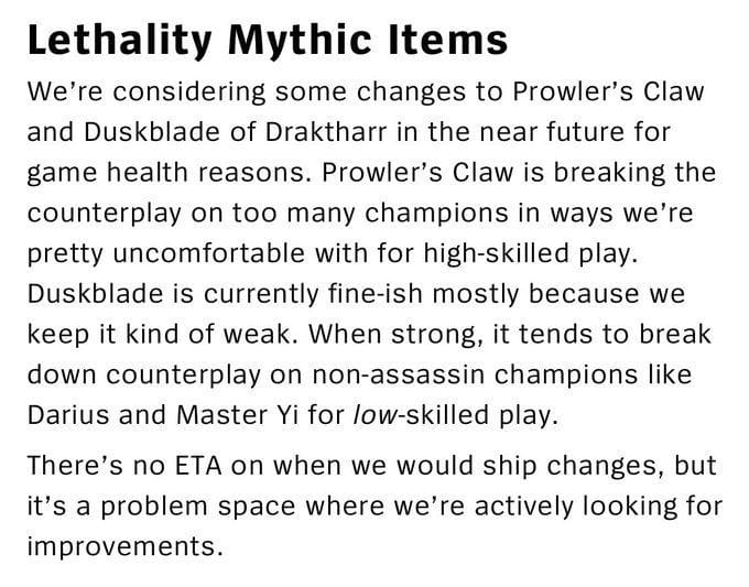 Lethality Mythic items set to undergo changes: League of Legends ...