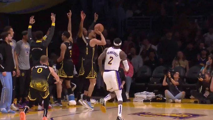 Watch: The exact moment LeBron James pushes Steph Curry back to bench ...