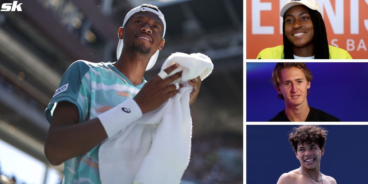 Coco Gauff, Sebastian Korda and Ben Shelton congratulate "giraffe" Christopher Eubanks on ...