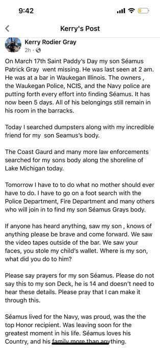 Where was Seamus Gray last seen? Mother of missing navy sailor pleads ...