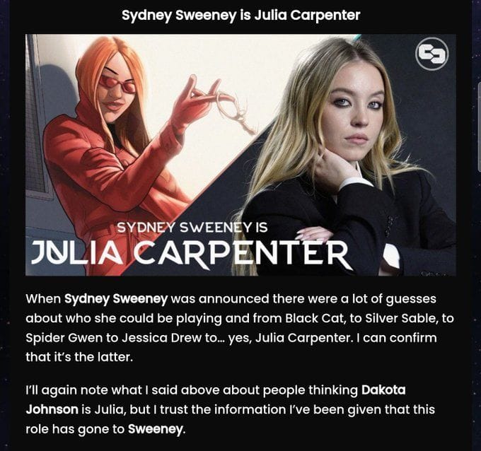 Sydney Sweeney to play Julia Carpenter in Madame Web