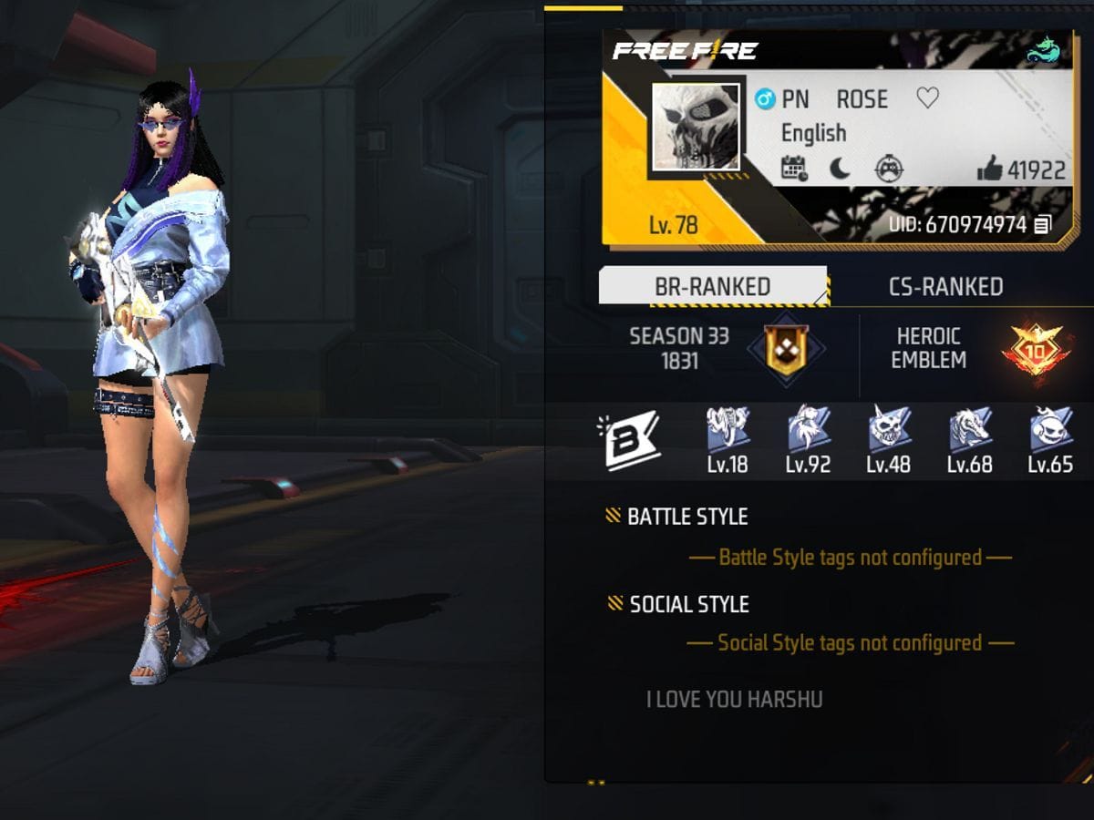 PN Rose's Free Fire ID, stats, rank, guild, and more