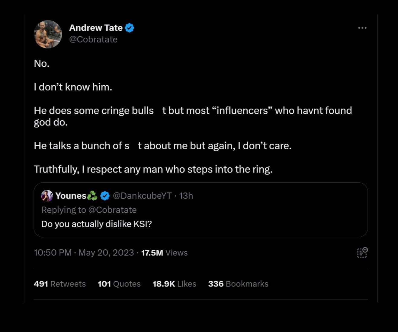 "D*ck eating is crazy" - KSI responds to Andrew Tate saying he doesn't "dislike" the YouTuber