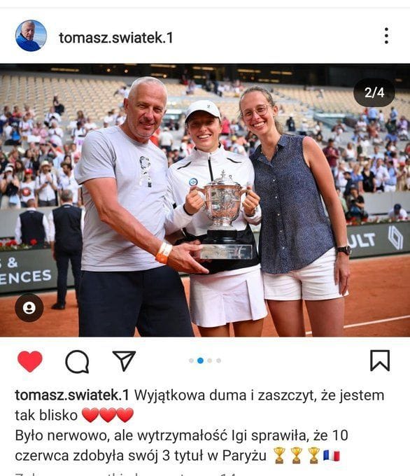 Iga Swiatek's father Tomasz celebrates her 3rd French Open title win