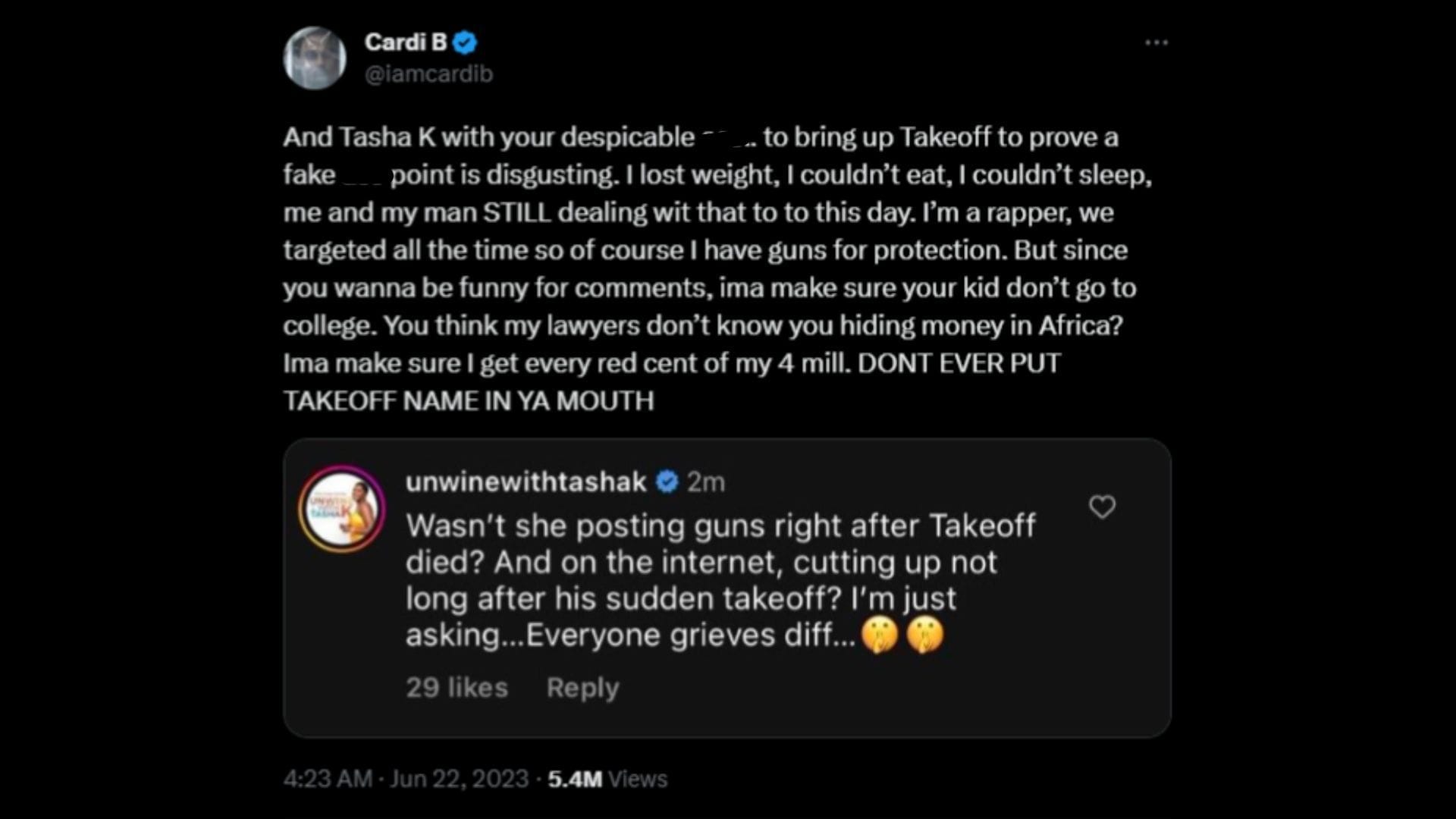What did Tasha K say about Takeoff? Cardi B lashes out at YouTuber on ...