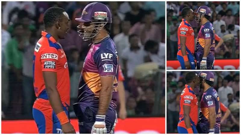 Dwayne Bravo squares up jokingly to MS Dhoni during GL vs RPS IPL match